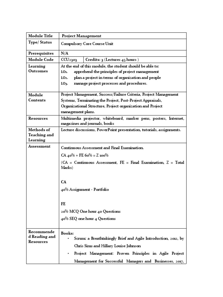 Module Title Project Management Type/ Status Prerequisites N/A Module ...