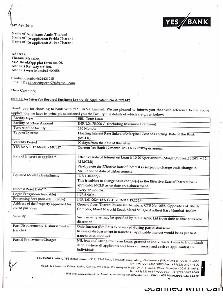 Yes Bank Sanction Letter | PDF