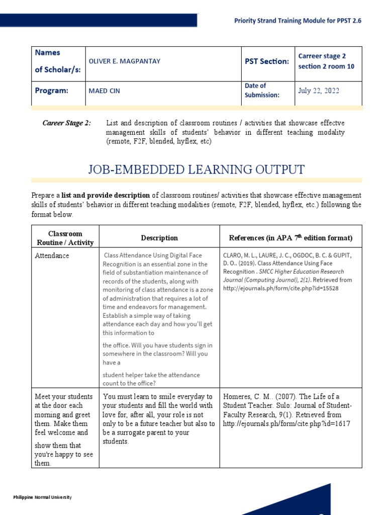 Job-Embedded Learning Output: Names of Scholar/s: PST Section: Program ...