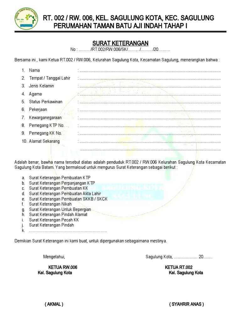 Surat Keterangan RT002. Rev1 | PDF