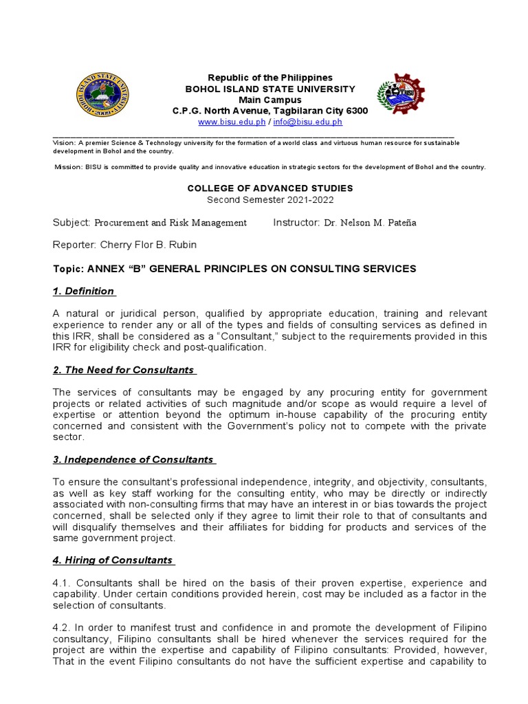 Topic: Annex "B" General Principles On Consulting Services | PDF | Consultant | Specification ...