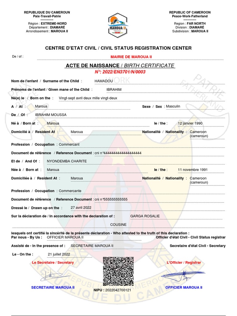 Acte de Naissance / Birth Certificate: Centre D'Etat Civil / Civil ...