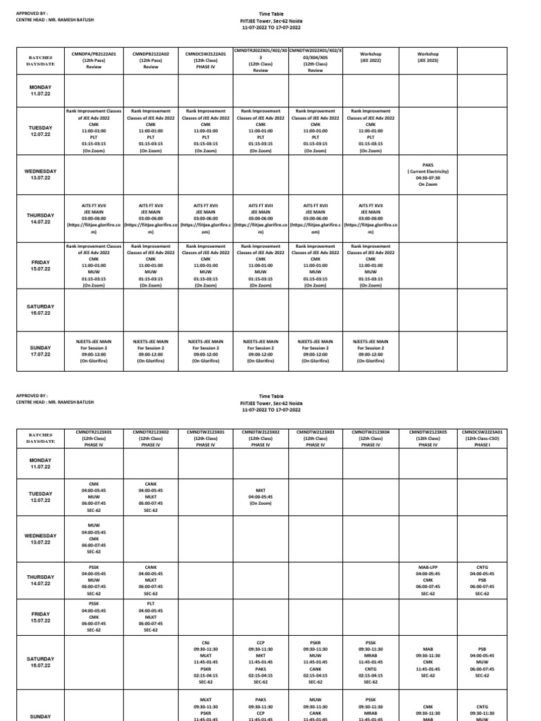 FIITJEE Time Table July 11-17 | PDF
