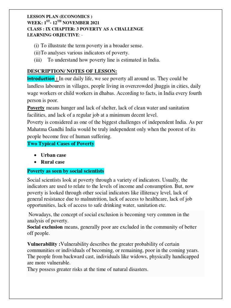Poverty as a Challenge: Class 9 Lesson Plan | PDF | Poverty | Poverty ...