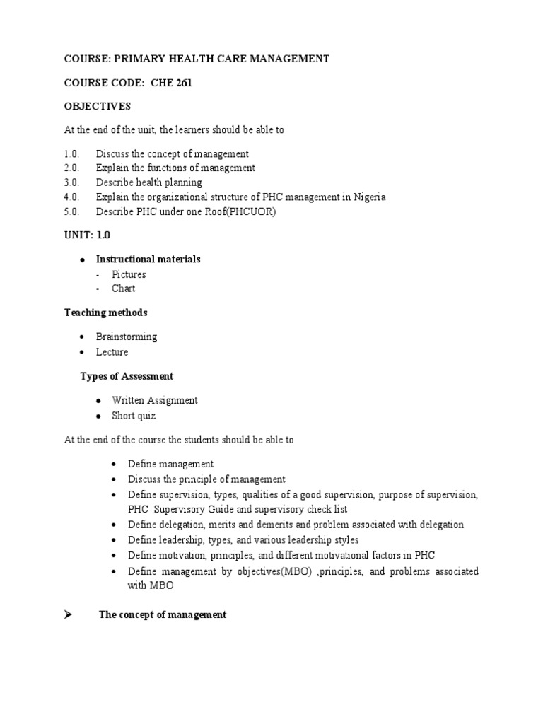 Che 261 Primary Health Care Management | PDF | Leadership | Motivational