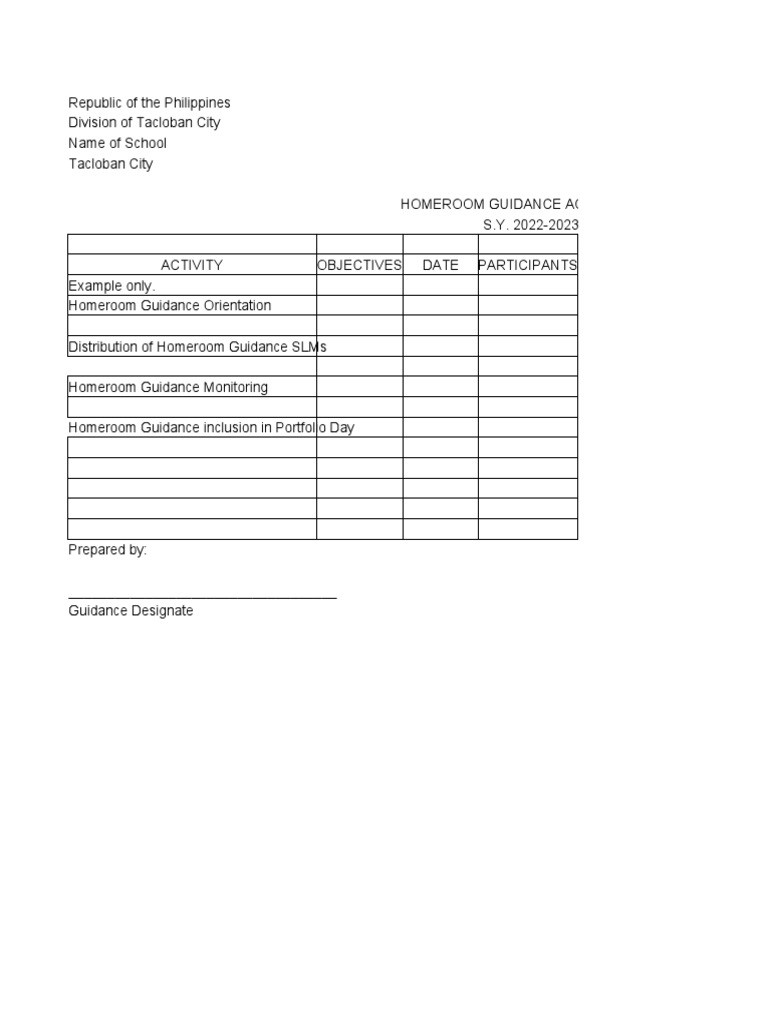Homeroom Guidance Action Plan 2022-2023 | PDF
