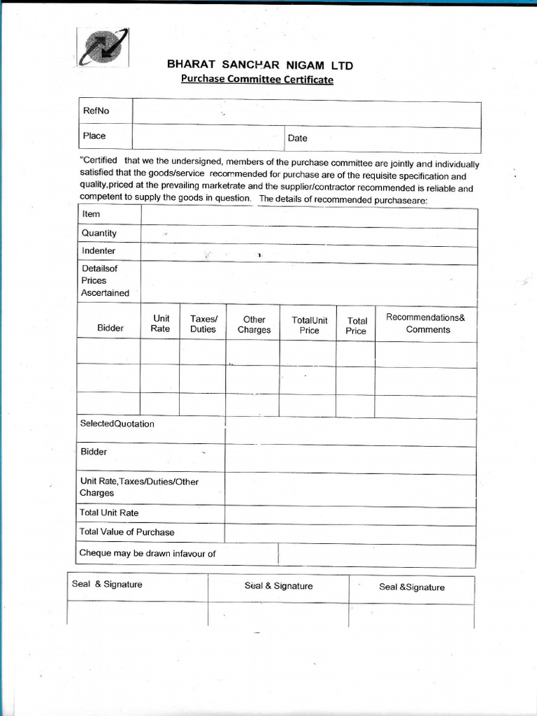 Purchase Committee Certificate Format Required For Purchase Orders in ...