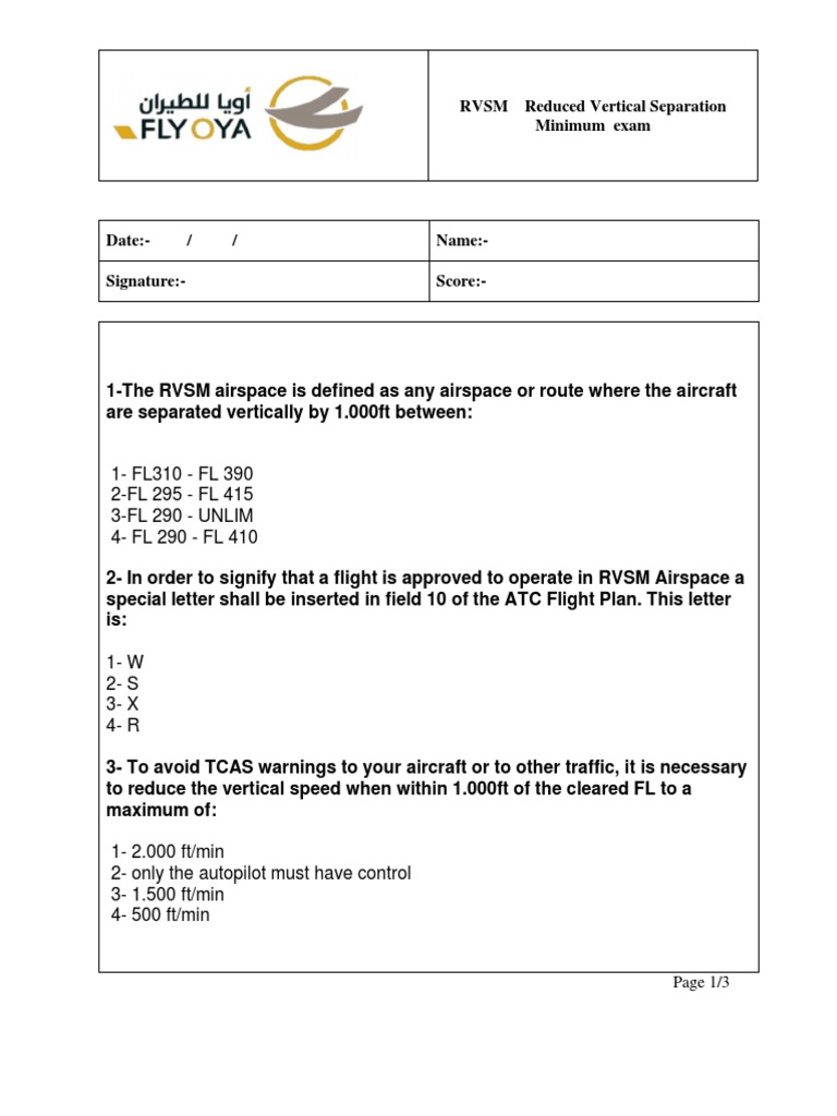 RVSM Reduced Vertical Separation Minimum Exam | PDF | Transponder ...