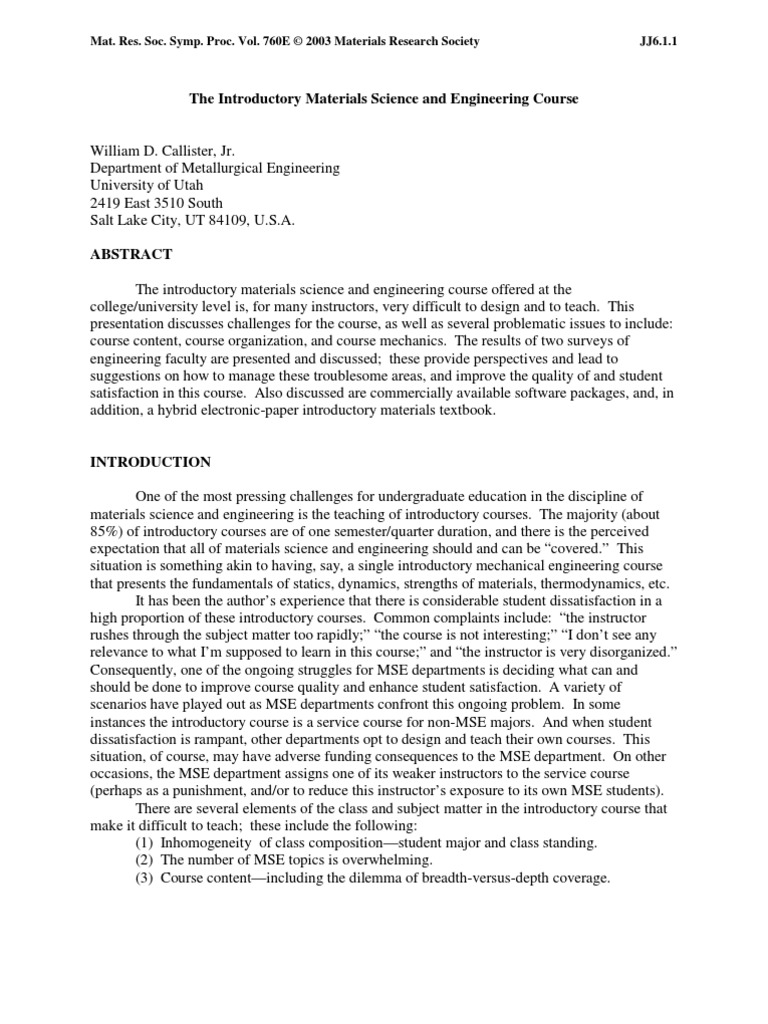 The Introductory Materials Science and Engineering Course | PDF | Ceramics | Microstructure