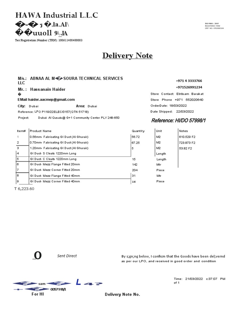 Delivery Note: HAWA Industrial L.L.C Uuoll | Download Free PDF | Plumbing