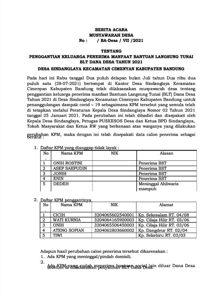 Pdf Berita Acara Perubahan Kpm Blt Dana Desa 2021 Compress Pdf