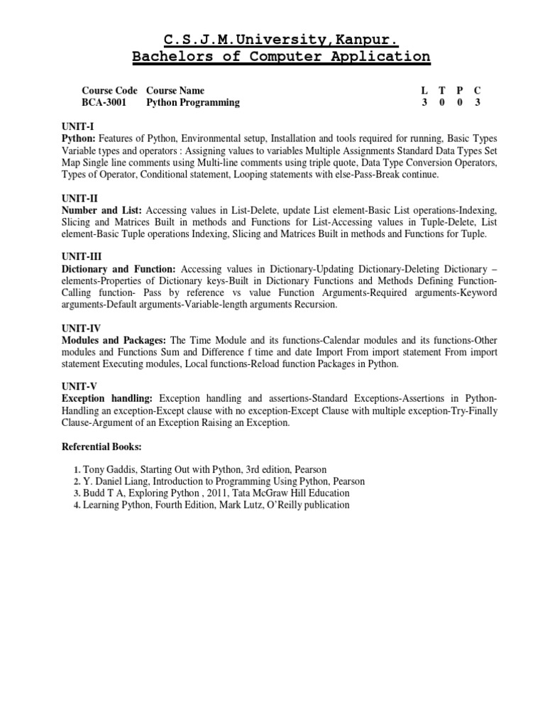 Syllabus BCA-3001 Python Programming | PDF