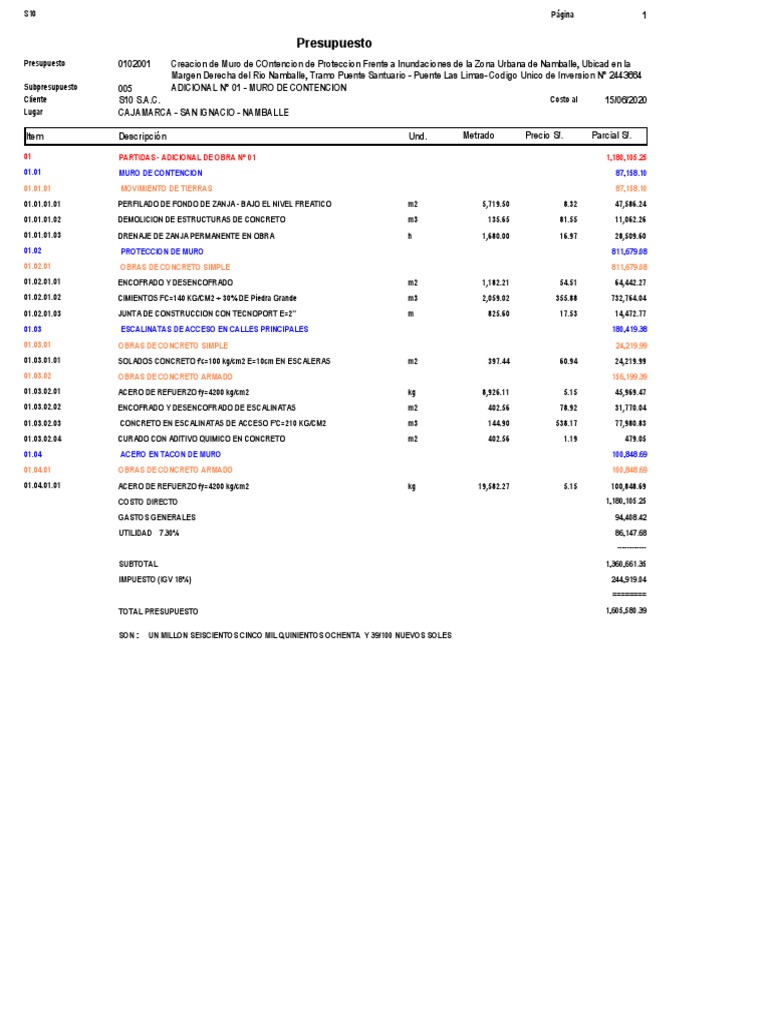 01.00 Presupuesto Adicional de Obra N°01 | PDF | Hormigón | Materiales