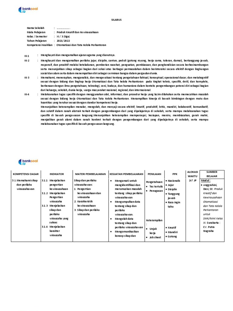 Silabus PKK Kelas 11 Otkp Tahun 2021 2022 | PDF