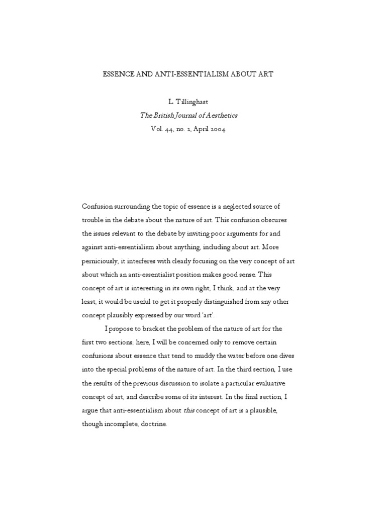L. Tillinghast, Essence and Anti-Essentialism About Art | PDF ...