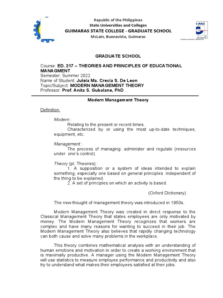Modern Management Theories: An Analysis of Systems Theory, Contingency ...