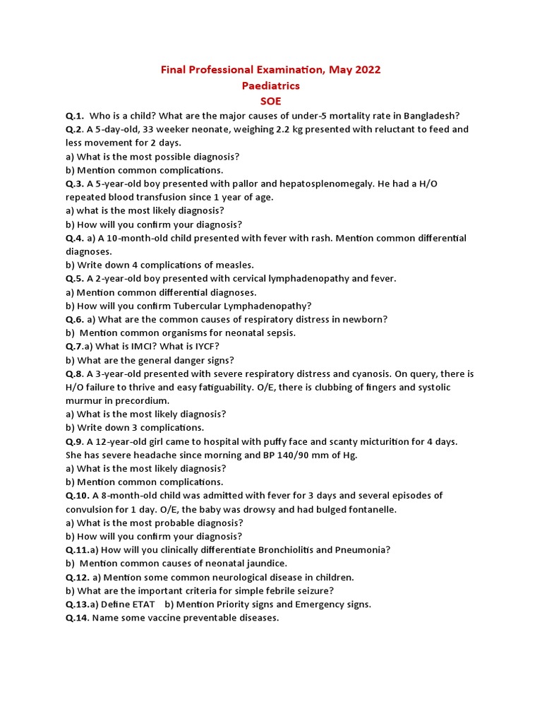 Final Professional Examination, May 2022 Paediatrics SOE | PDF ...