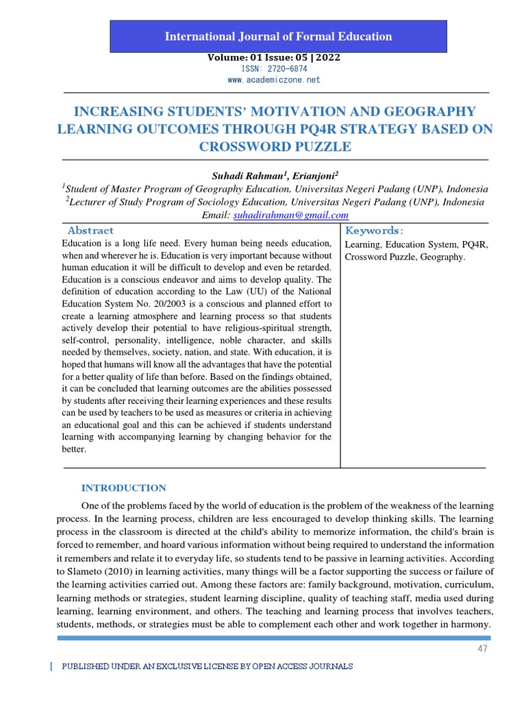 47-57 Increasing Students' Motivation and Geography Learning Outcomes Through PQ4R Strategy ...