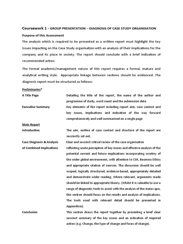Coursework 1 - : Group Presentation - Diagnosis of Case Study Organisation Purpose of This ...