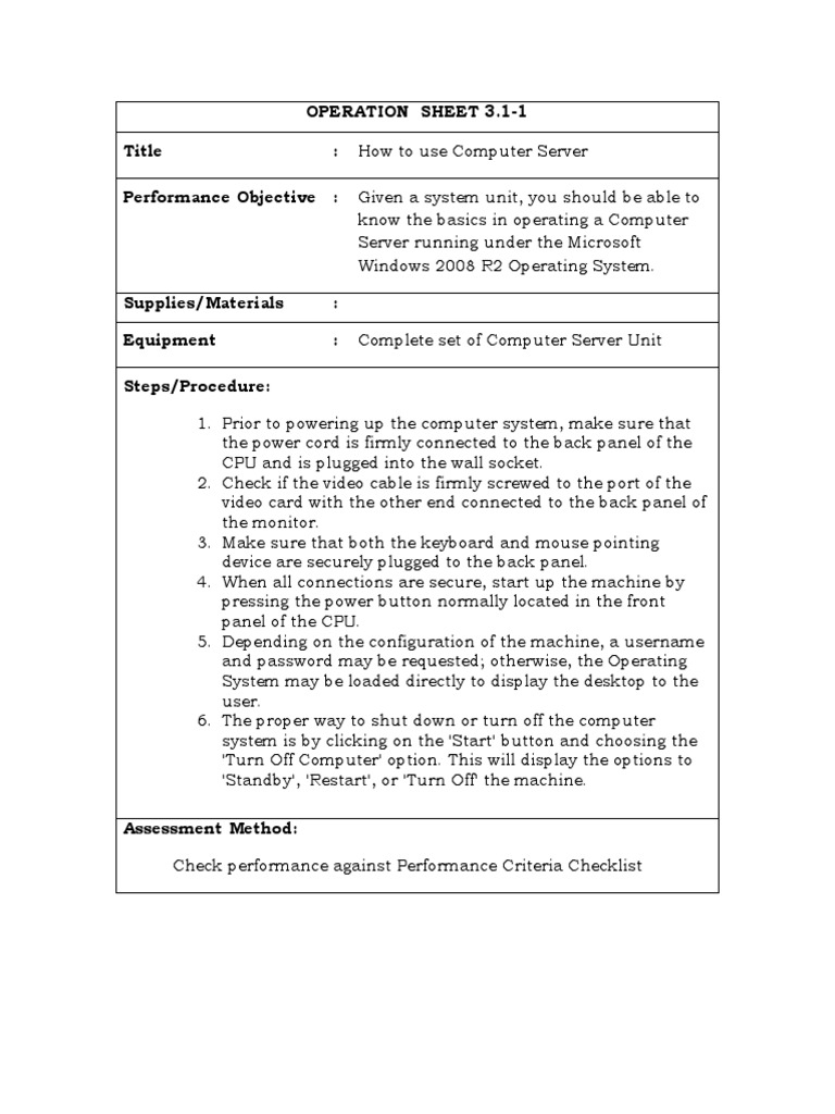 Operation Sheet 3.1-1 Title: How To Use Computer Server Performance ...