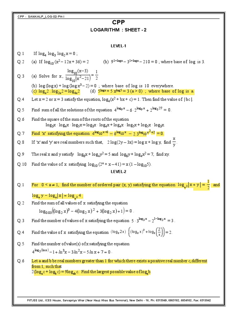 Logarithm: Sheet - 2: Level-1 | PDF | Logarithm | Equations