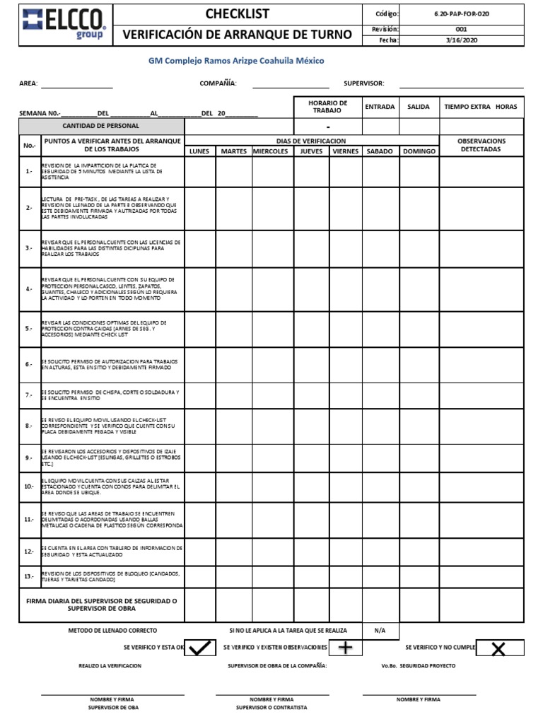 CheckList Arranque de Turno | PDF