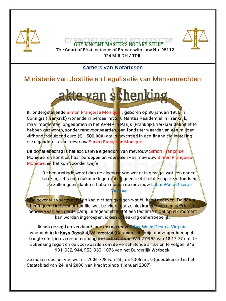 Akte Van Schenking Mevr. Lebar Wallé Désirée Virginia | PDF