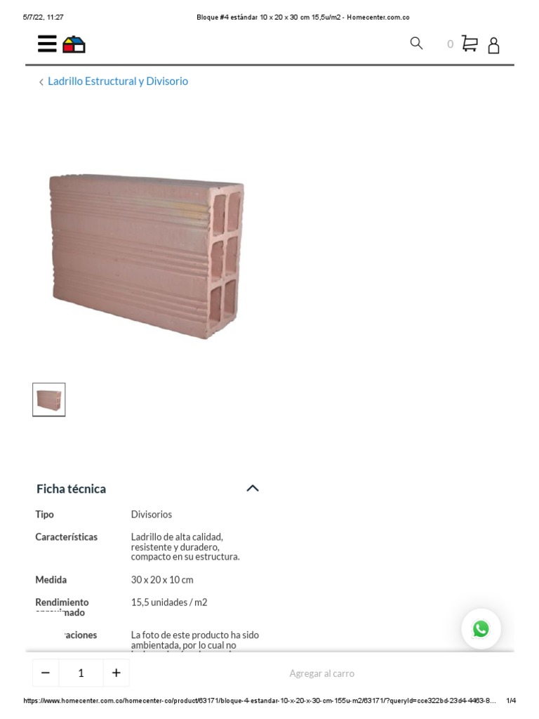 Bloque #4 Estándar 10 X 20 X 30 CM 15,5u - m2 - Homecenter - Com.co | PDF