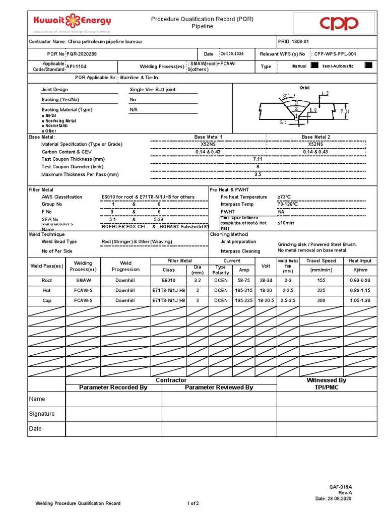 Procedure Qualification Record (PQR) Pipeline: Metal Nonfusing Metal ...
