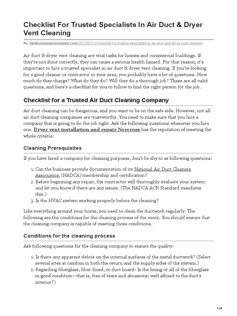 Checklist For Trusted Specialists in Air Duct Amp Dryer Vent | PDF ...