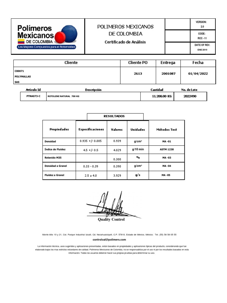 Certicado de Calidad de Materia Prima | PDF
