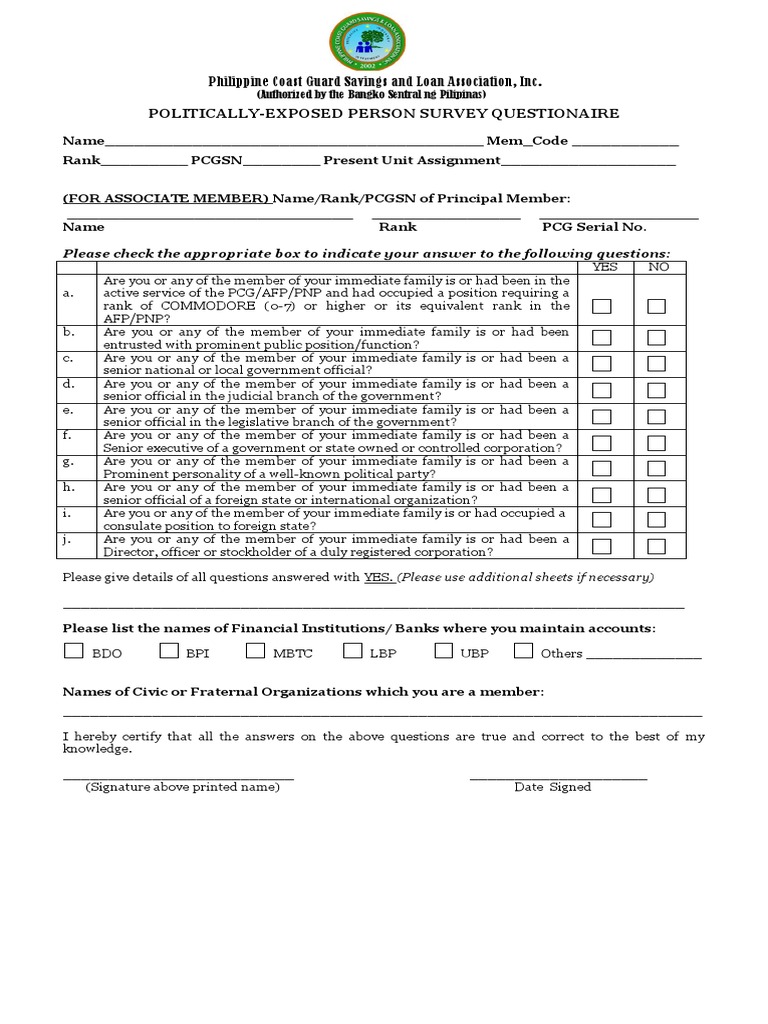Politically-Exposed Person Survey Questionaire: Philippine Coast Guard ...