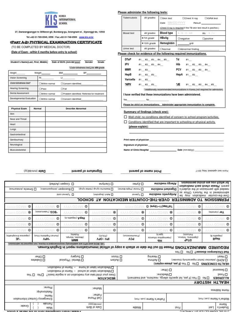KIS Medical Form | PDF | Attention Deficit Hyperactivity Disorder | Allergy