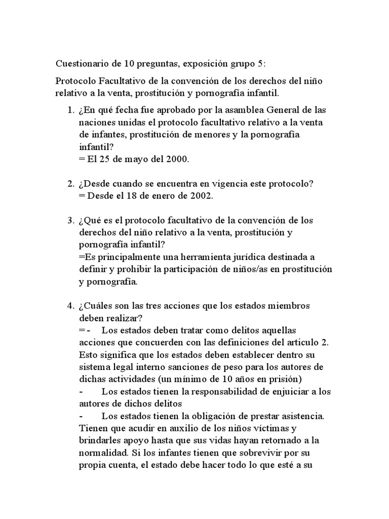 Cuestionario de 10 Preguntas. Grupo 5 | PDF | Prostitución | Derechos de los niños