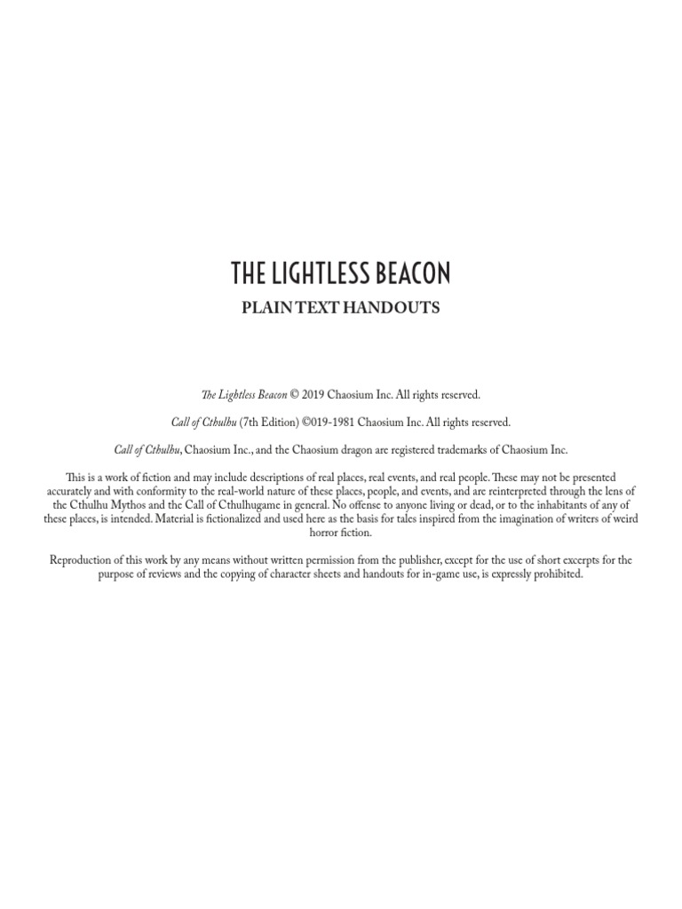 Lightless Beacon Plain Text Handouts | PDF | Mystery, Thriller & Crime ...