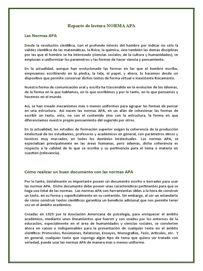 Reporte de Lectura - NORMA APA | PDF | Ensayos | Estilo apa