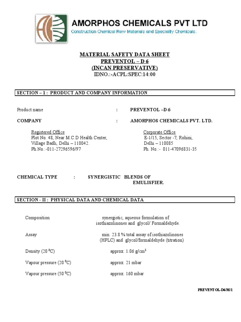 Material Safety Data Sheet Preventol - D 6 (Incan Preservative) | PDF ...