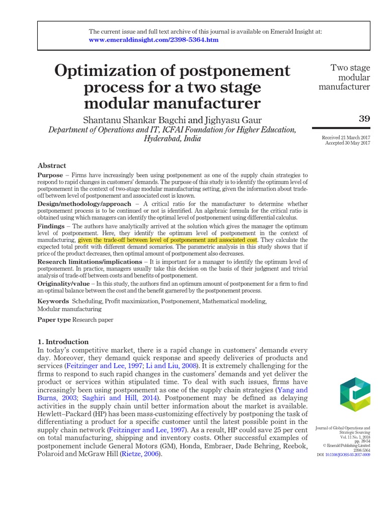 2017 Postponement Optimization of Postponementprocess For A Two ...