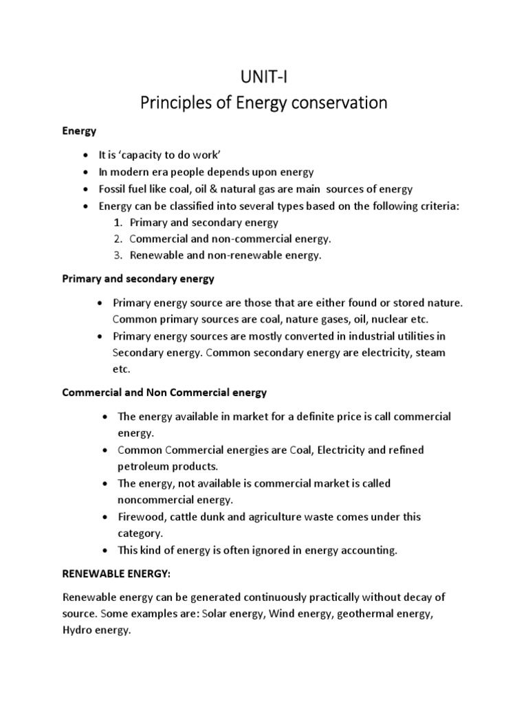 Unit - 1 - Energy Conservation Principles | PDF | Energy Development ...