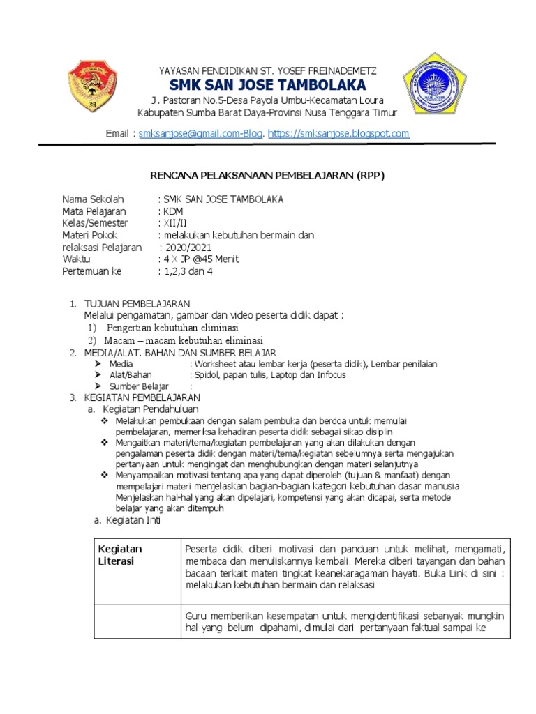 SMK San Jose Tambolaka: Rencana Pelaksanaan Pembelajaran (RPP) | PDF