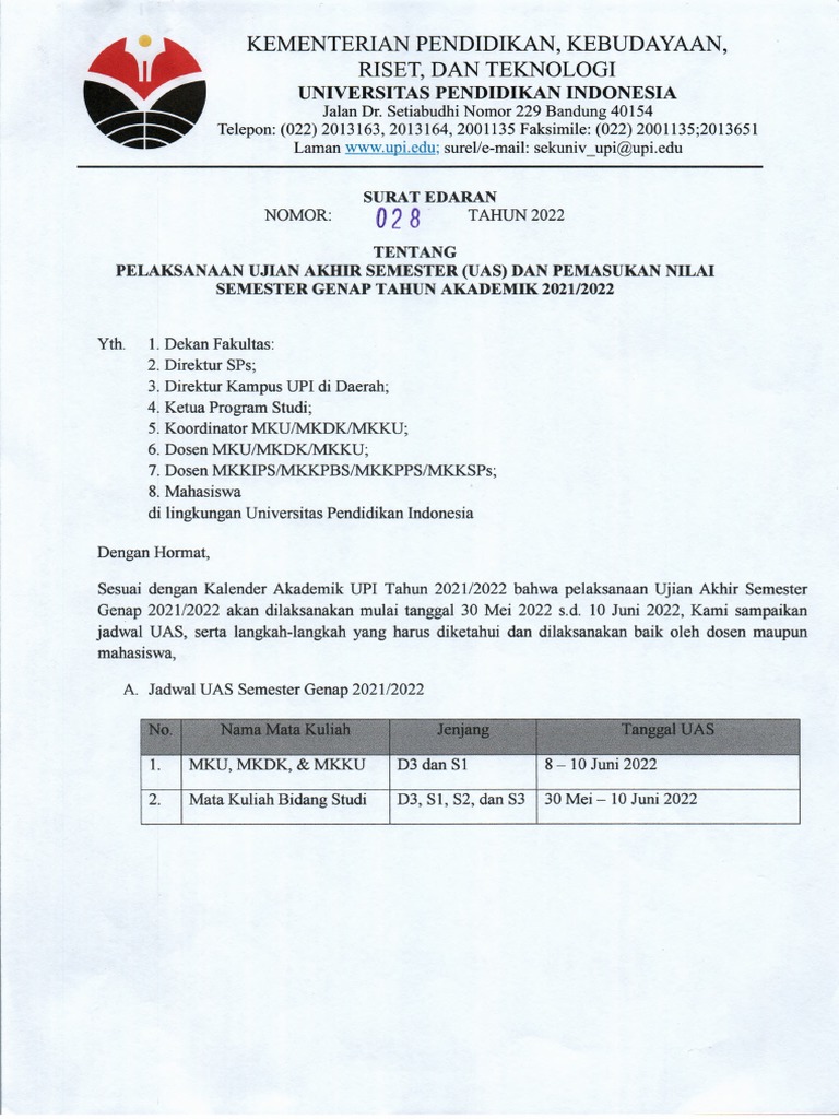 Surat Edaran No 028 Tahun 2022 Tentang Pelaksanaan Uas Dan Pemasukan Nilai Semester Genap Tahun ...