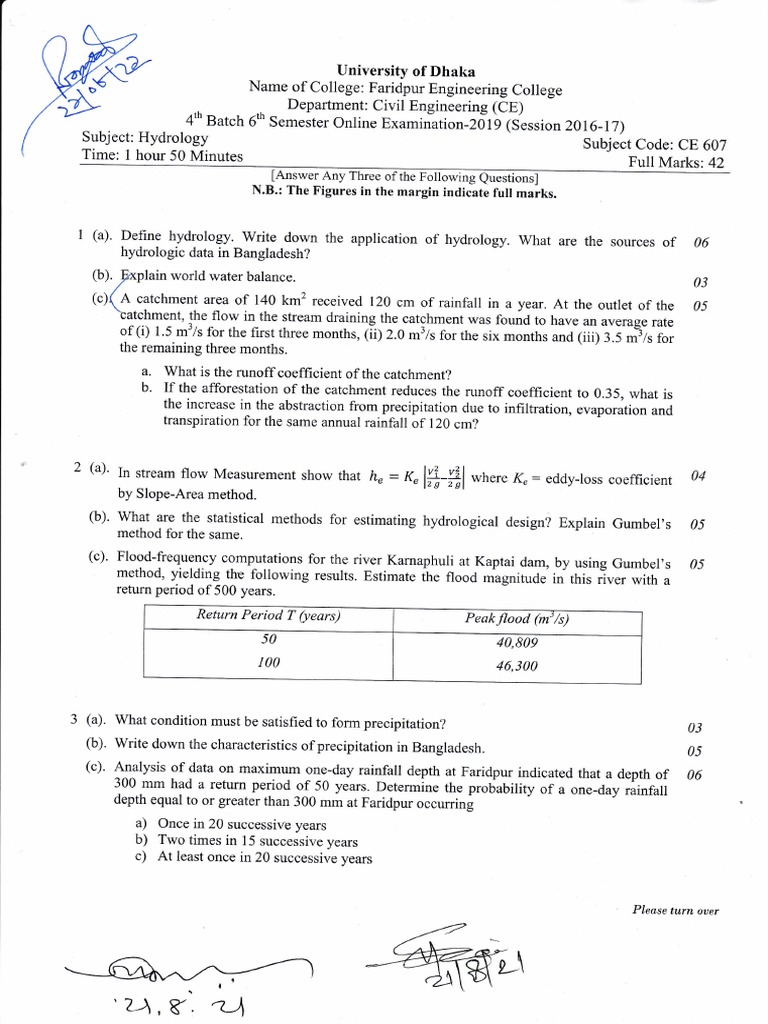 Hydrology Exam Questions | PDF | Hydrology | Drainage Basin