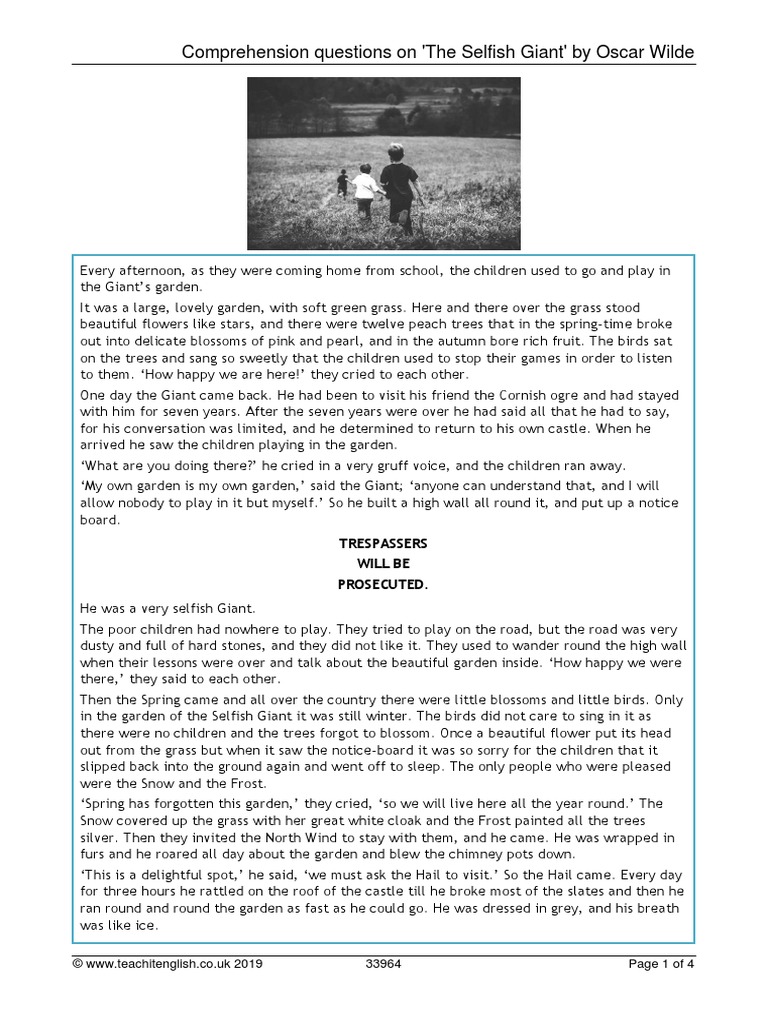 Comprehension Questions On 'The Selfish Giant' by Oscar Wilde | PDF ...