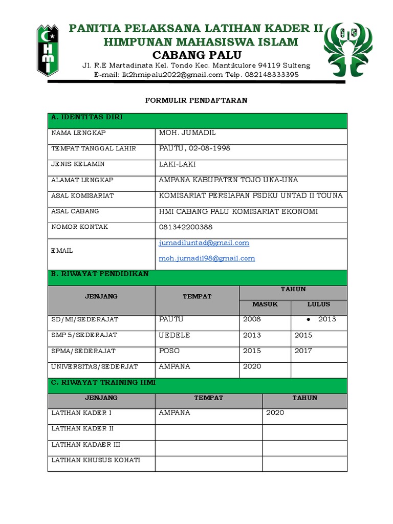 Formulir Pendaftaran LK2 Hmi Cabang Palu Tahun 2022 | PDF