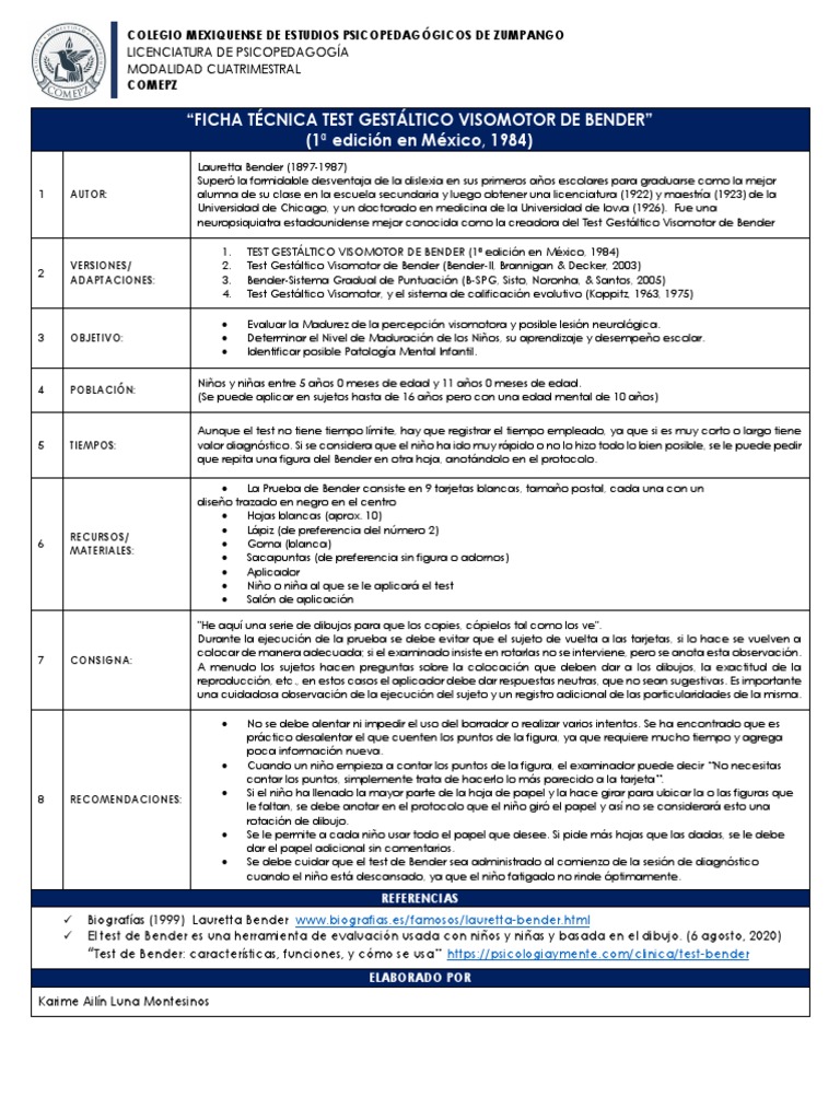 Ficha Tecnica Bender | PDF | Cognición