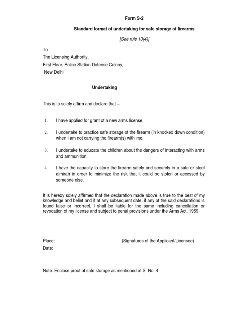 Form S-2 Standard Format of Undertaking For Safe Storage of Firearms ...