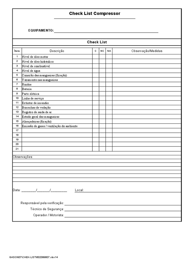 Check List - Compressor de Ar | PDF