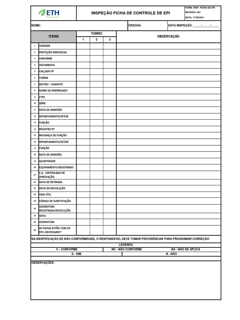 Check List - Ficha de Controle de EPI | PDF Check List - Ficha de Controle de EPI | PDF