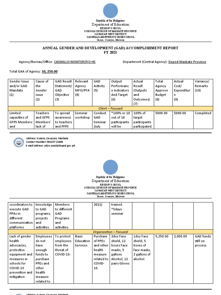 Annual Gender and Development (Gad) Accomplishment Report FY 2021 | PDF ...