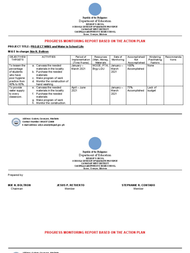 Progress Monitoring Report Based On The Action Plan: Department of ...